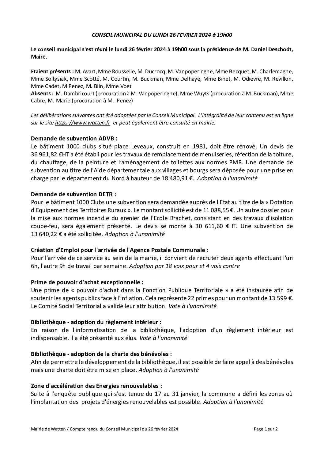 CONSEIL MUNICIPAL Compte rendu du 12 décembre 2022 – Watten